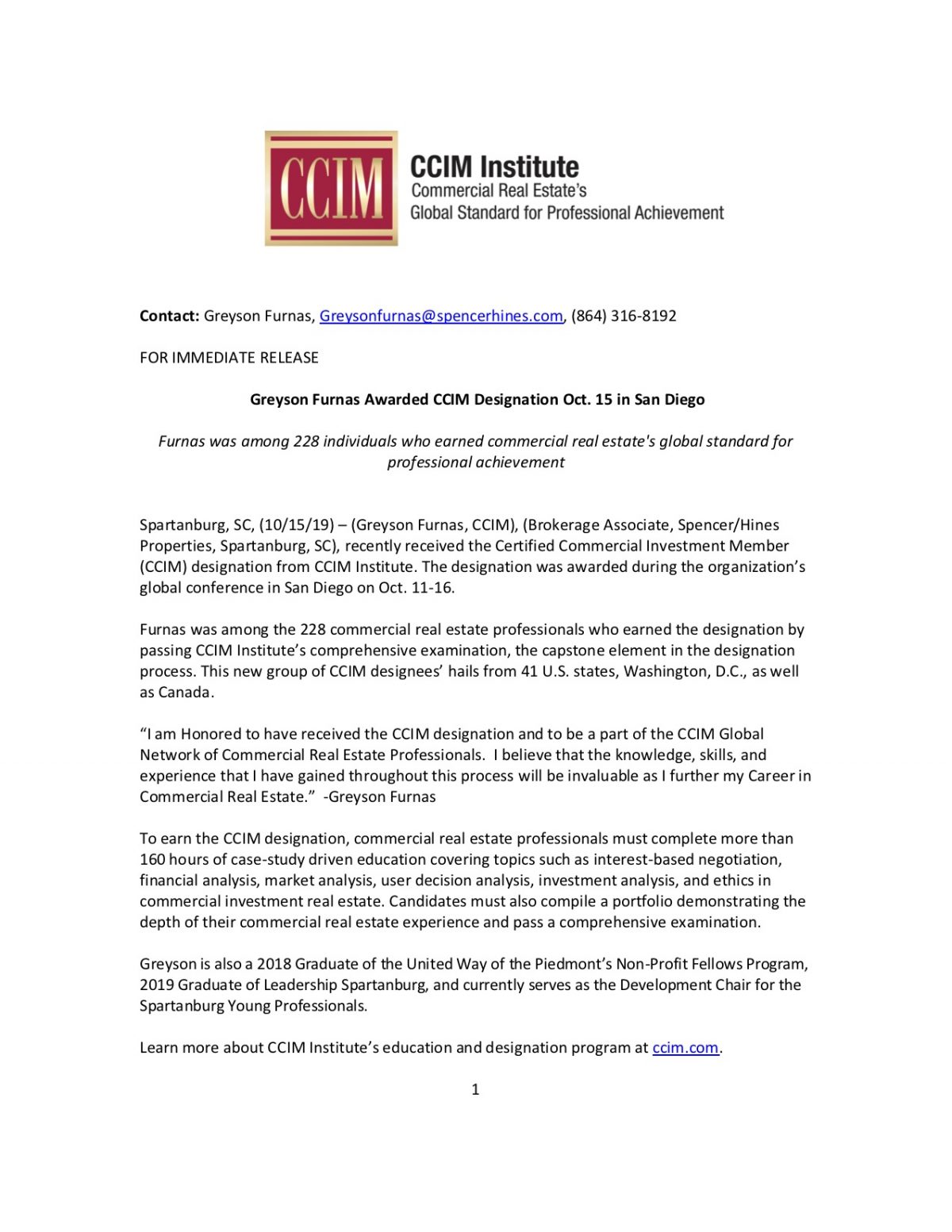 Greyson Furnas Receives CCIM Designation - Spencer Hines Commercial ...